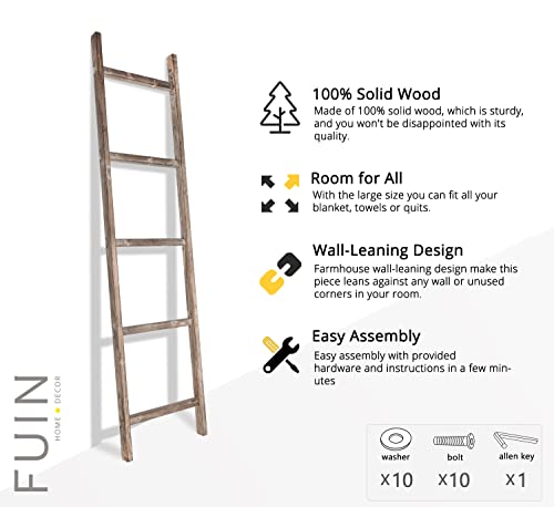 FUIN 6.3 Ft (76") Rustic Blanket Ladder Holder Farmhouse Wood Decorative Wall Leaning Quilt Towel Display Bathroom Rack, Light Brown