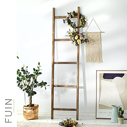 FUIN 6.3 Ft (76") Rustic Blanket Ladder Holder Farmhouse Wood Decorative Wall Leaning Quilt Towel Display Bathroom Rack, Light Brown