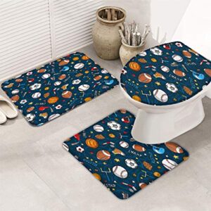 fantasy star bath rugs set 3 piece, athletics ball theme baseball footbal and basketball washable memory foam non-slip contour mat toilet lid cover bath mat sets for bathroom decor