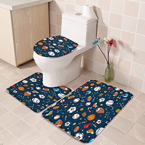 Fantasy Star Bath Rugs Set 3 Piece, Athletics Ball Theme Baseball Footbal and Basketball Washable Memory Foam Non-Slip Contour Mat Toilet Lid Cover Bath Mat Sets for Bathroom Decor