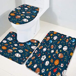 Fantasy Star Bath Rugs Set 3 Piece, Athletics Ball Theme Baseball Footbal and Basketball Washable Memory Foam Non-Slip Contour Mat Toilet Lid Cover Bath Mat Sets for Bathroom Decor