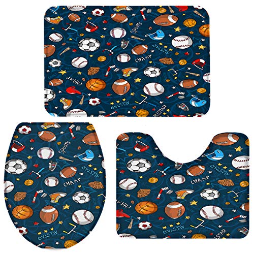 Fantasy Star Bath Rugs Set 3 Piece, Athletics Ball Theme Baseball Footbal and Basketball Washable Memory Foam Non-Slip Contour Mat Toilet Lid Cover Bath Mat Sets for Bathroom Decor