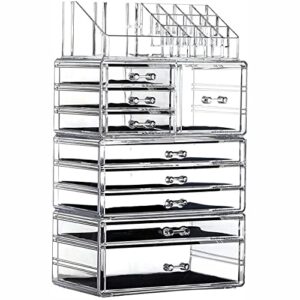 cq acrylic makeup organizer skin care large clear cosmetic display cases stackable storage box with 9 drawers for vanity,set of 4