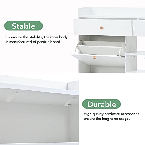 CIATRE Modern Shoe Rack with 4 Flip Drawers and 2-Tier Storage - Keep Your Shoes Organized and Easily Accessible! (White)