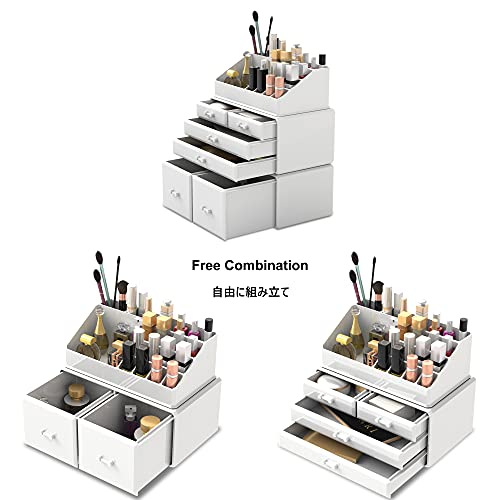 READAEER Makeup Organizer 3 Pieces Cosmetic Storage Case with 6 Drawers (White)