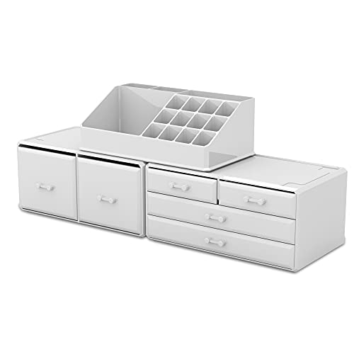 READAEER Makeup Organizer 3 Pieces Cosmetic Storage Case with 6 Drawers (White)