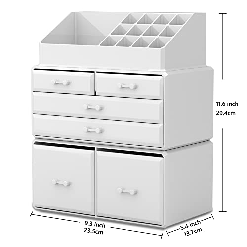 READAEER Makeup Organizer 3 Pieces Cosmetic Storage Case with 6 Drawers (White)