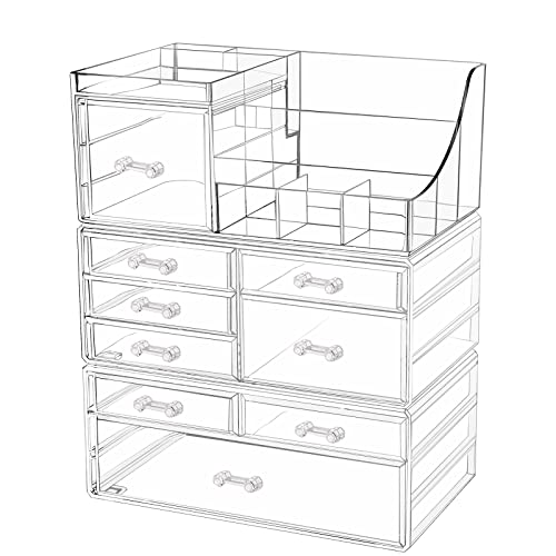 Cq acrylic Makeup Desk Cosmetic Storage Organizer with Drawers for Dressing Table,Vanity Countertop,Bathroom Counter,Elegant Vanity Holder for Brushes,Eyeshadow,Lotions,Lipstick and Nail Polish