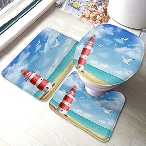 wondertify lighthouse bathroom antiskid pad beach bright cloud blue sky 3 pieces bathroom rugs set, bath mat+contour+toilet lid cover colorful