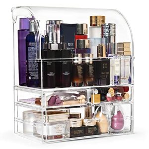 haturi makeup organizer, large acrylic skincare organizer w/lid, dustproof waterproof cosmetic display case with drawers for vanity bathroom countertop, makeup storage box for perfume - clear