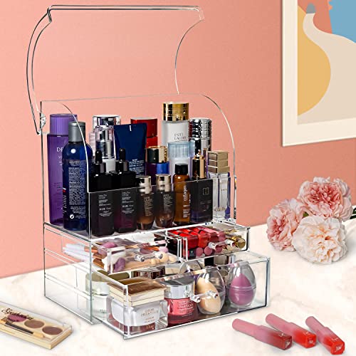 Haturi Makeup Organizer, Large Acrylic Skincare Organizer W/Lid, Dustproof Waterproof Cosmetic Display Case with Drawers for Vanity Bathroom Countertop, Makeup Storage Box for Perfume - Clear