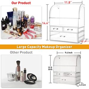 Haturi Makeup Organizer, Large Acrylic Skincare Organizer W/Lid, Dustproof Waterproof Cosmetic Display Case with Drawers for Vanity Bathroom Countertop, Makeup Storage Box for Perfume - Clear