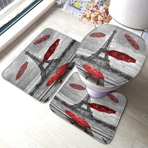 wondertify eiffel tower flying umbrellas bathroom antiskid pad rainy romantic paris 3 pieces bathroom rugs set, bath mat+contour+toilet lid cover black white red