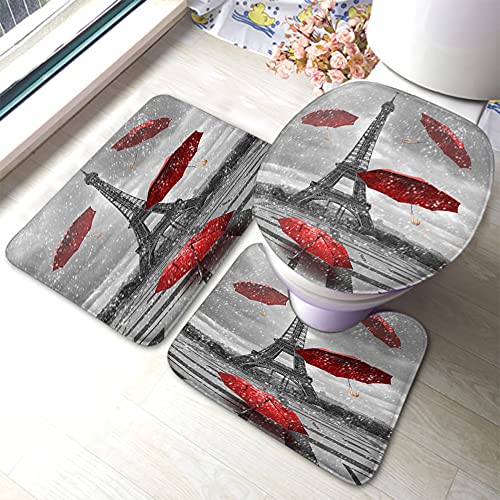 WONDERTIFY Eiffel Tower Flying Umbrellas Bathroom Antiskid Pad Rainy Romantic Paris 3 Pieces Bathroom Rugs Set, Bath Mat+Contour+Toilet Lid Cover Black White Red