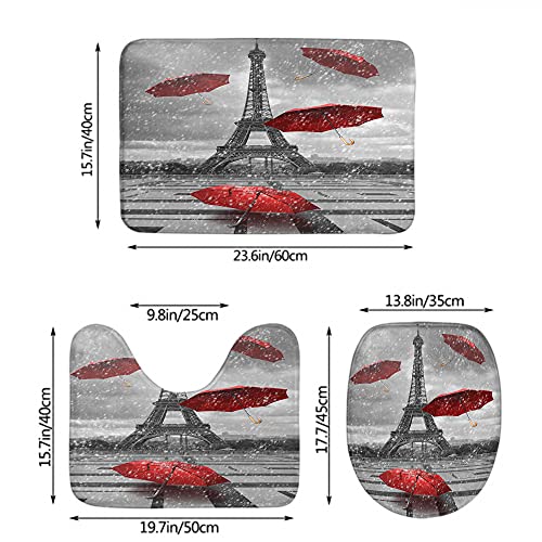 WONDERTIFY Eiffel Tower Flying Umbrellas Bathroom Antiskid Pad Rainy Romantic Paris 3 Pieces Bathroom Rugs Set, Bath Mat+Contour+Toilet Lid Cover Black White Red