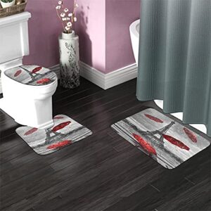 WONDERTIFY Eiffel Tower Flying Umbrellas Bathroom Antiskid Pad Rainy Romantic Paris 3 Pieces Bathroom Rugs Set, Bath Mat+Contour+Toilet Lid Cover Black White Red