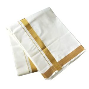 Angavastram Cotton Traditional Pooja Angvastra Towel Gamcha Shaluva Kanduva Kasavu for Religious Occasion Wedding New Year Temple Puja Rituals Housewarming (Cream with Gold Zari Border)