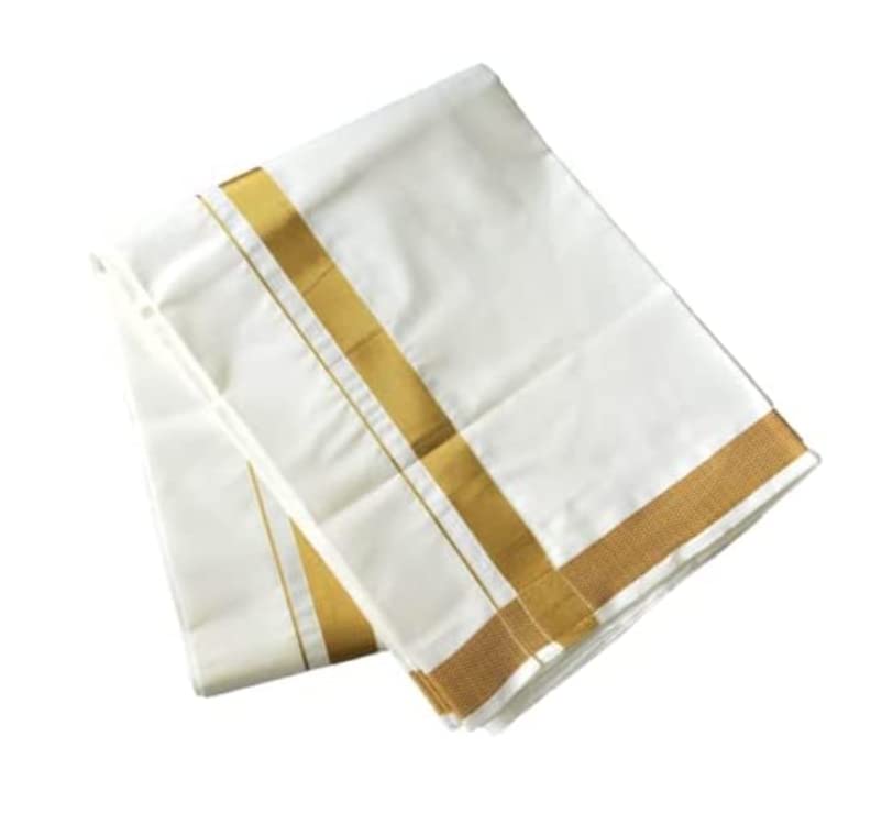 Angavastram Cotton Traditional Pooja Angvastra Towel Gamcha Shaluva Kanduva Kasavu for Religious Occasion Wedding New Year Temple Puja Rituals Housewarming (Cream with Gold Zari Border)