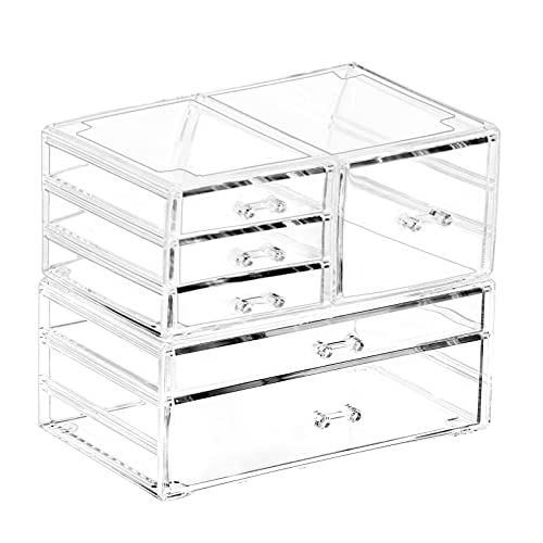 Stackable Makeup Organizer And Storage Set of 2 Under the Sink Medicine Drawers,Large Skin Care Cosmetic Display Case Make up Stands For Jewelry Beauty Skincare Product Organizing Clear 6 Drawers