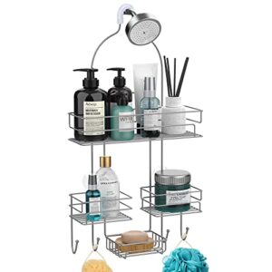 shower caddy organizer, hanging shower head caddy, shower storage rack, bathroom shower shelf organizer, over head shower caddy rustproof with hooks for shampoo, shower gel, soap, towel, sponge, etc…