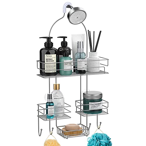 Shower Caddy Organizer, Hanging Shower Head Caddy, Shower Storage Rack, Bathroom Shower Shelf Organizer, Over Head Shower Caddy Rustproof with Hooks for Shampoo, Shower Gel, Soap, Towel, Sponge, Etc…