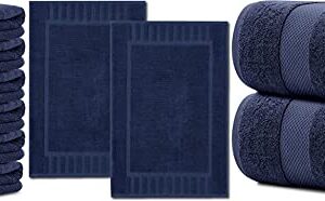 White Classic Luxury Hand Towels | 6 Pack Luxury Bath Mat | 2 Pack and Luxury Bath Sheet Towels | 2 Pack Bundle (Navy Blue)