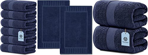 White Classic Luxury Hand Towels | 6 Pack Luxury Bath Mat | 2 Pack and Luxury Bath Sheet Towels | 2 Pack Bundle (Navy Blue)