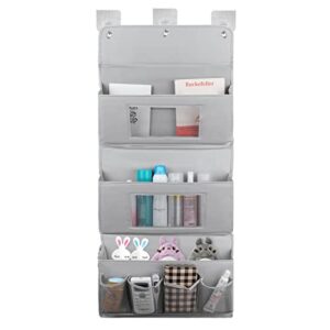 skycase over the door organizer,3-pockets hanging organizer bag,wall mount storage organizer with 3 sticky hooks and 4 mesh pockets,hanging storage organizer for clothes,toys,cosmetics,kitchen,grey