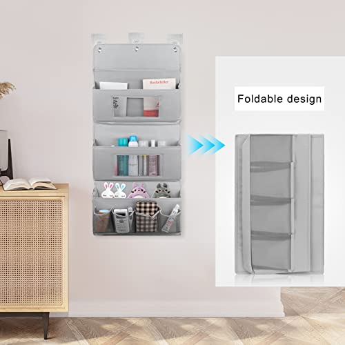 Skycase Over The Door Organizer,3-Pockets Hanging Organizer Bag,Wall Mount Storage Organizer with 3 Sticky Hooks and 4 Mesh Pockets,Hanging Storage Organizer for Clothes,Toys,Cosmetics,Kitchen,Grey