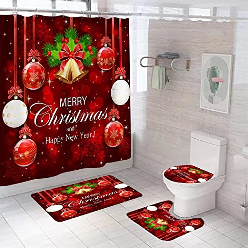 4 Pcs Christmas Shower Curtain Sets with Non-Slip Rug, Toilet Lid Cover and Bath Mat, Waterproof Polyester Christmas Balls Shower Curtain with 12 Hooks for Christmas Decoration