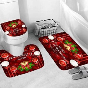 4 Pcs Christmas Shower Curtain Sets with Non-Slip Rug, Toilet Lid Cover and Bath Mat, Waterproof Polyester Christmas Balls Shower Curtain with 12 Hooks for Christmas Decoration