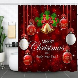 4 Pcs Christmas Shower Curtain Sets with Non-Slip Rug, Toilet Lid Cover and Bath Mat, Waterproof Polyester Christmas Balls Shower Curtain with 12 Hooks for Christmas Decoration