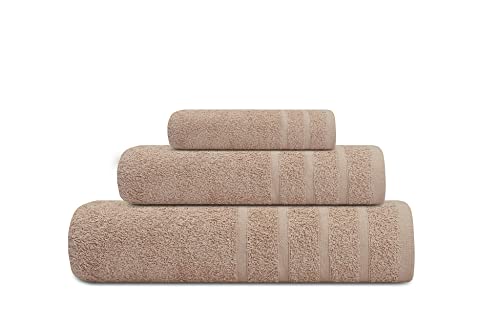 Textila Cotton Towel Set - 3 Piece Set Includes 1 Bath Towels, 1 Hand Towels, and 1 Washcloths - Soft and Absorbent Towel Set for Bathroom - Beige Color Towels Ideal for Everyday Use