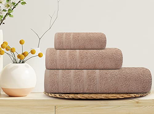 Textila Cotton Towel Set - 3 Piece Set Includes 1 Bath Towels, 1 Hand Towels, and 1 Washcloths - Soft and Absorbent Towel Set for Bathroom - Beige Color Towels Ideal for Everyday Use