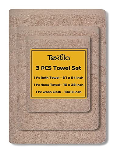 Textila Cotton Towel Set - 3 Piece Set Includes 1 Bath Towels, 1 Hand Towels, and 1 Washcloths - Soft and Absorbent Towel Set for Bathroom - Beige Color Towels Ideal for Everyday Use