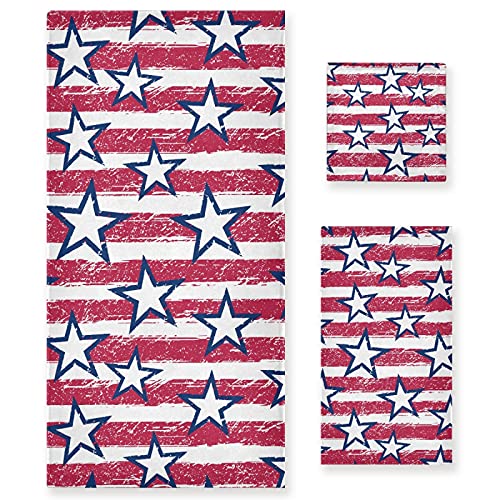 ALAZA American Star Flag Banner Towel Bathroom Sets 3 Piece Bath Towel Sets1 Bath Towel 1 Hand Towel 1 Washcloth Soft Luxury Absorbent Decorative Towels for Beach Gym Spa