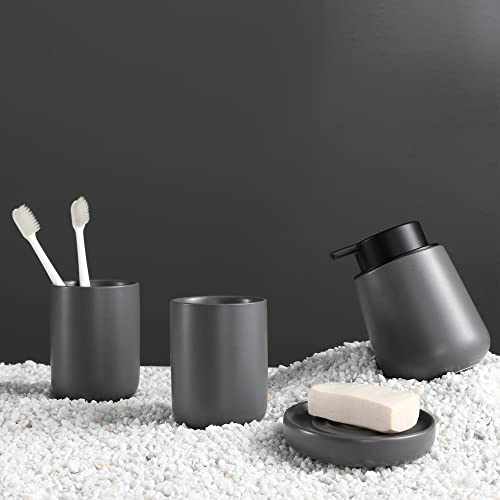 EVTHSU Ceramic Bathroom Accessory Set, 4 Pcs Bath Countertop Accessories Decor, Farmhouse Matte Hand Soap Dispenser Set with Liquid Pump Bottles, Tumbler, Soap Dish - Grey