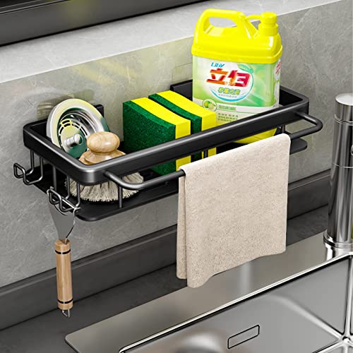 TOOYIMR 3-in-1 Sponge for Kitchen Sink, Adhesive Shower scaddy，can Also be Used as Dish Brush Holder, Shower Shelf, Sink Organizer Sponge Holder and Storage. Rust-Proof Space Aluminum (Black)