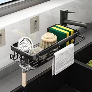 TOOYIMR 3-in-1 Sponge for Kitchen Sink, Adhesive Shower scaddy，can Also be Used as Dish Brush Holder, Shower Shelf, Sink Organizer Sponge Holder and Storage. Rust-Proof Space Aluminum (Black)