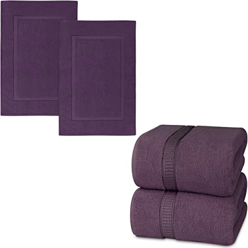 Utopia Towels Bundle Pack of 600 GSM Bath Sheet Set (2-Pack) and Banded Bath Mats (2-Pack) – 100% Ring-Spun Cotton – Highly Absorbent – Soft & Luxurious – Plum