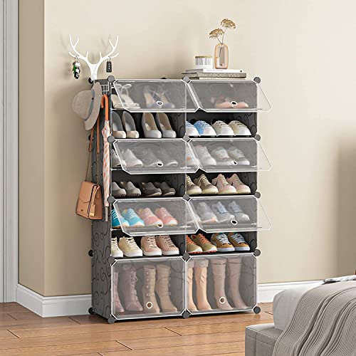 Aeitc 32 Pairs Shoe Rack Organizer Shoe Organizer Expandable Shoe Storage Cabinet Narrow Standing Stackable Space Saver Shoe Rack for Entryway, Hallway and Closet，black