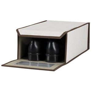 Household Essentials Set of Four Large Shoe Storage Boxes, Natural Canvas with Brown Trim