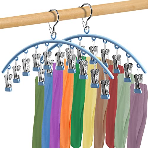 2 Pack Hanging Leggings Organizer for Closet, Legging Holder with 10 Clips Holds 20 Leggings, 360° Roatable Pant Hook Hanger with Rubber Coated Space Saving Organization（Blue）