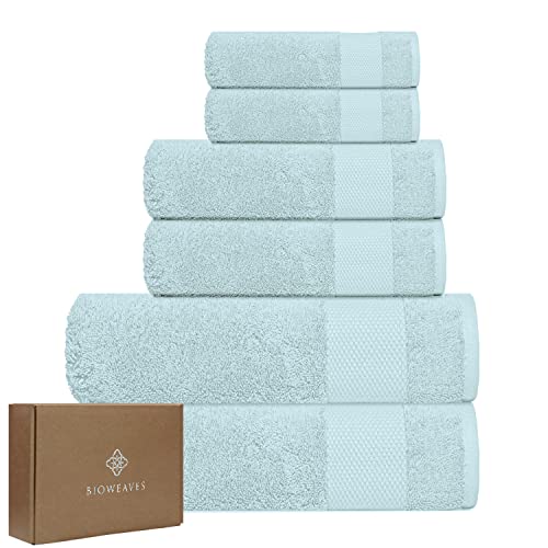 BIOWEAVES 100% Organic Cotton 700 GSM Plush 6-Piece Towel Set GOTS Certified, 2 Bath Towels, 2 Hand Towels & 2 Washcloths - Seafoam