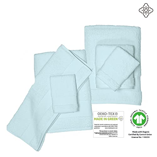 BIOWEAVES 100% Organic Cotton 700 GSM Plush 6-Piece Towel Set GOTS Certified, 2 Bath Towels, 2 Hand Towels & 2 Washcloths - Seafoam