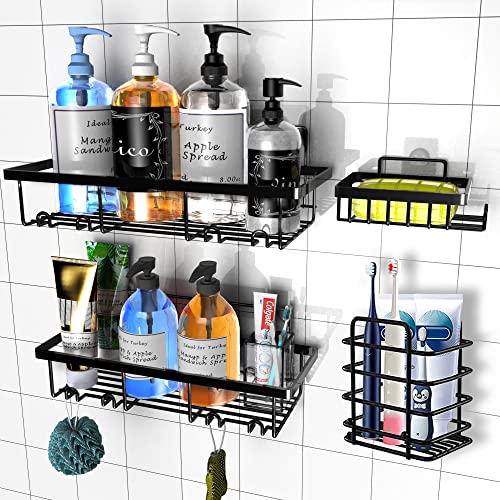 Auchic Shower Caddy,Shower Shelves,Toothbrush Holder[4 Pack],Adhesive Shower Organizer No Drilling,Suction Cup Stainless Steel Shower Shelf for Inside Shower,Black