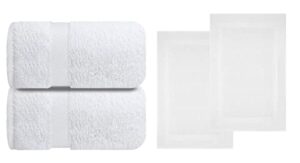 infinitee xclusives premium white bath sheets – pack of 2, 35x70 inches large bath sheet towel + cotton banded white bath mats – pack of 2, 22x34 inches