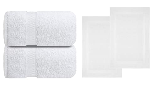 Infinitee Xclusives Premium White Bath Sheets – Pack of 2, 35x70 Inches Large Bath Sheet Towel + Cotton Banded White Bath Mats – Pack of 2, 22x34 Inches