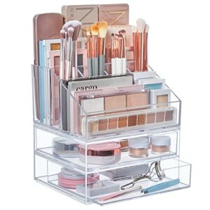 stori chloe stackable clear makeup holder and double organizer drawer set | organize cosmetics and beauty supplies | made in usa