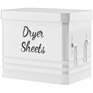 quilivik farmhouse metal dryer sheet holder for laundry room with hinged lid - large metal fabric softener dispenser - dryer sheet container with tray.(glossy white)